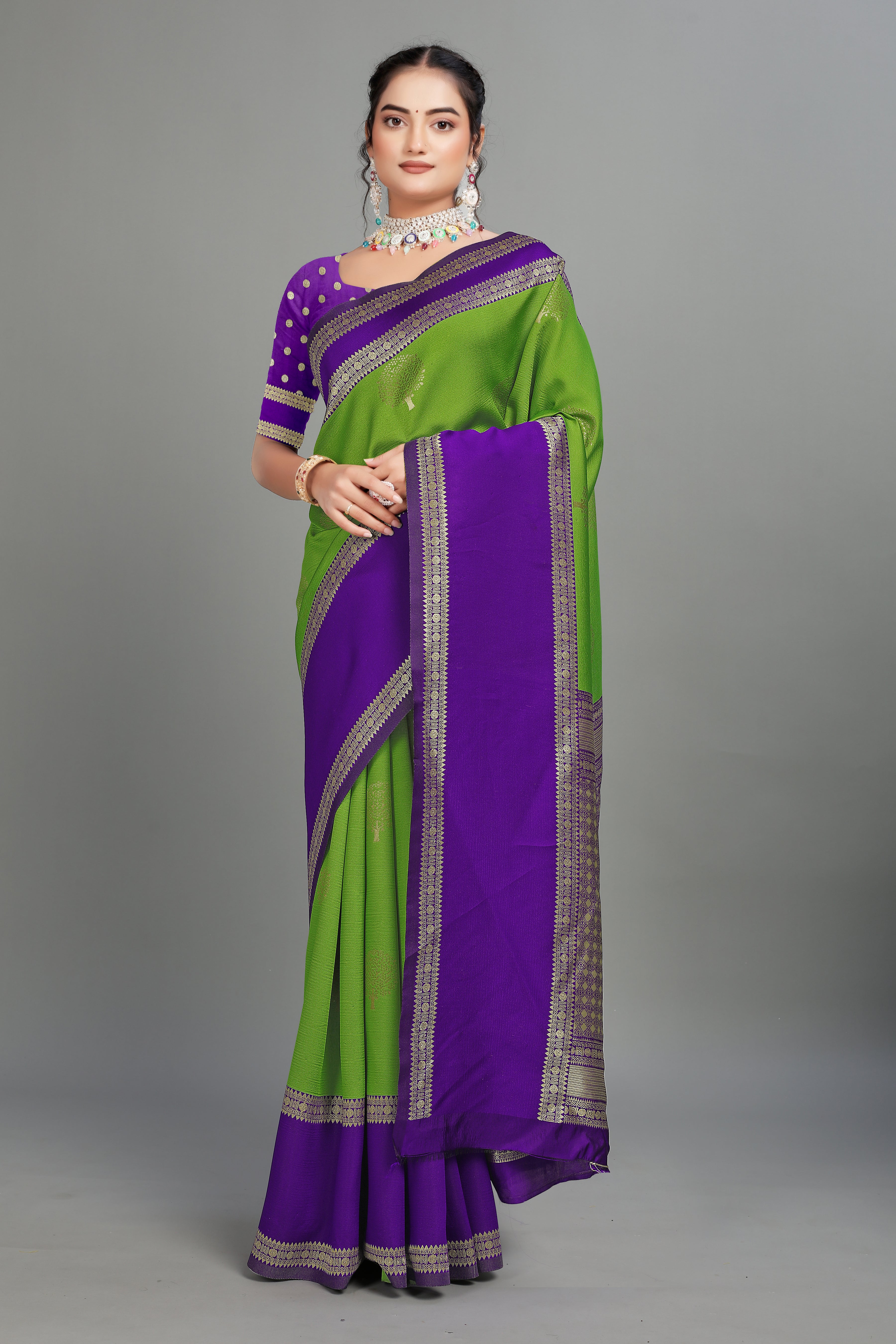 Soft Lichi silk Fabric Purple Border Perrot Green silk Saree – Website