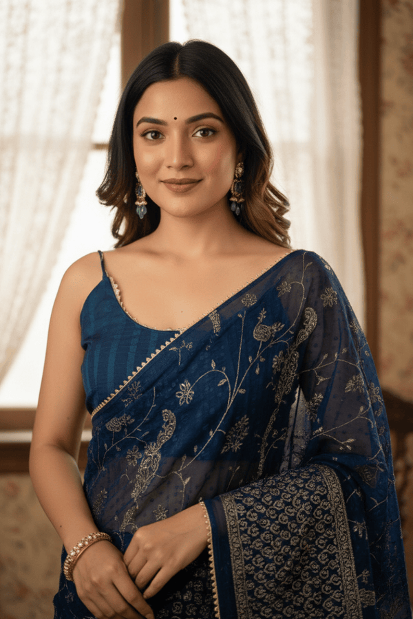 Navy Blue Foil Printed Georgette Saree Buy Online - Stalktobuy